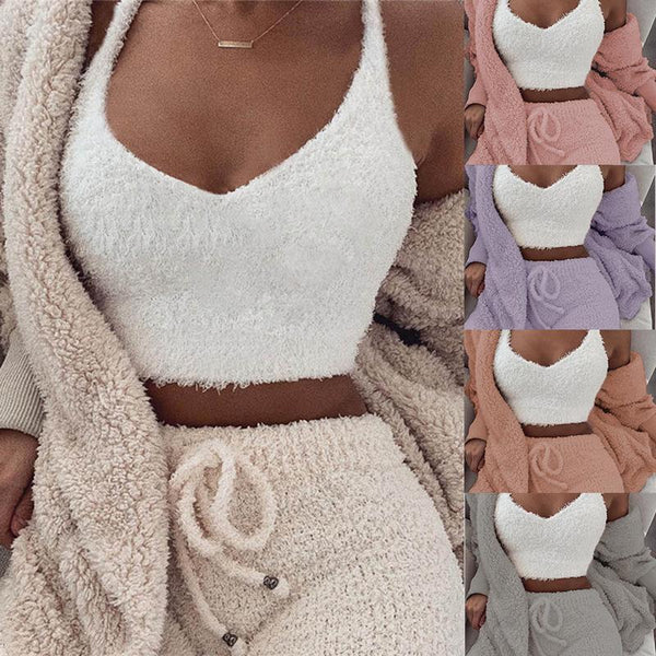Fluffy Hooded Open Front Teddy Coat & Short Sets – Libiyi